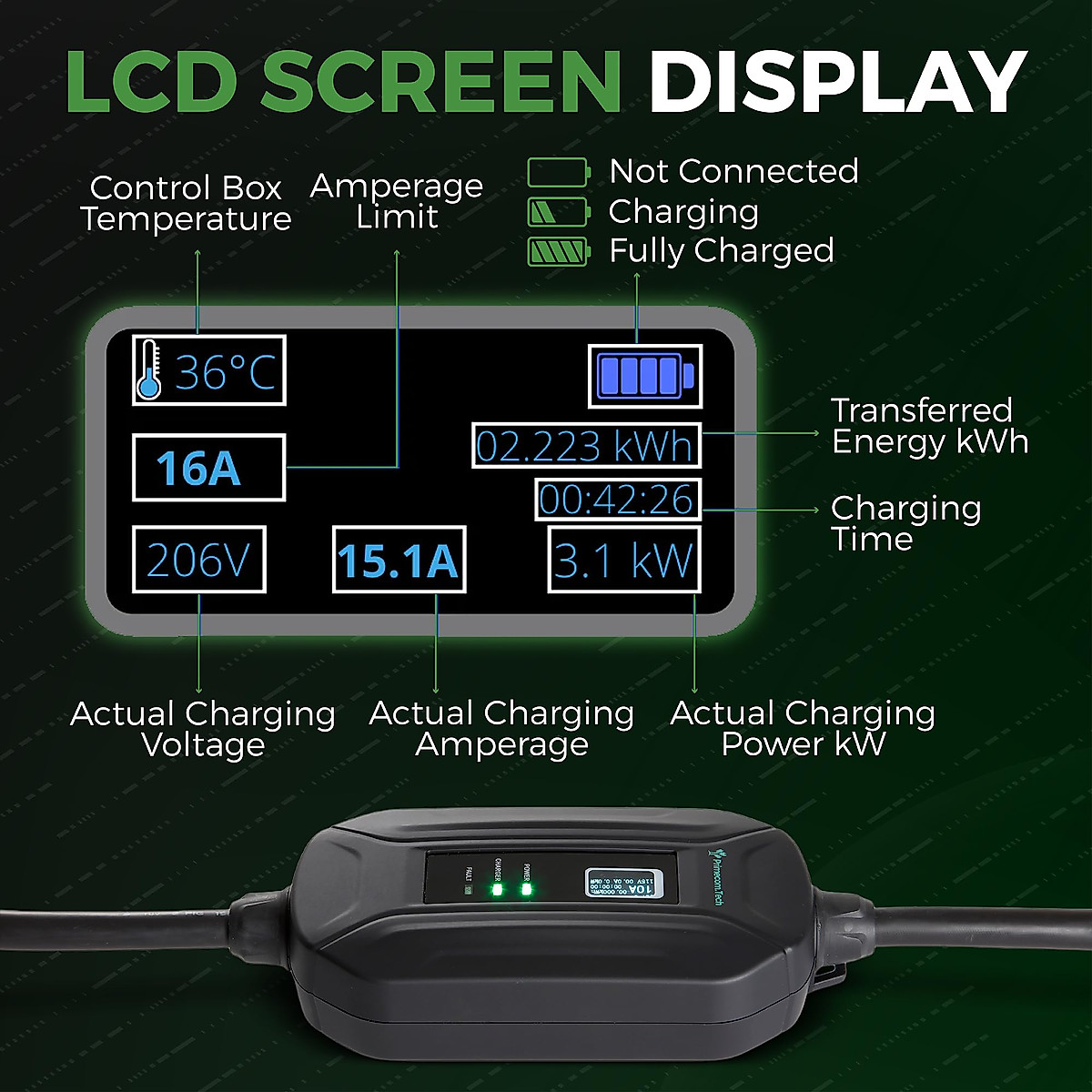PRIMECOM Level 2 EV Charger 220/240V, 16A, 30ft & 50ft, Portable EVSE Electric Vehicle Charging Cable Compatible with Bolt Volt Leaf BMW i3 Fiat 500e Clarity NIRO Prius (10-30P, 30 Feet)