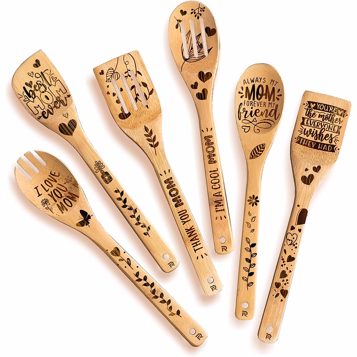 Riveira Mothers Day Gifts From Daughter wooden spoons for Cooking & Serving 6 Pcs Set - Mom Gifts for Her Kitchen - Gifts for Mom Who Has Everything - Kitchen Fun with Birthday Gift for Mom