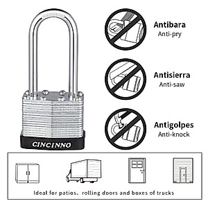 CINCINNO Laminated Steel Padlock with Key，6 Pack Keyed Alike Padlocks with Long Shackle