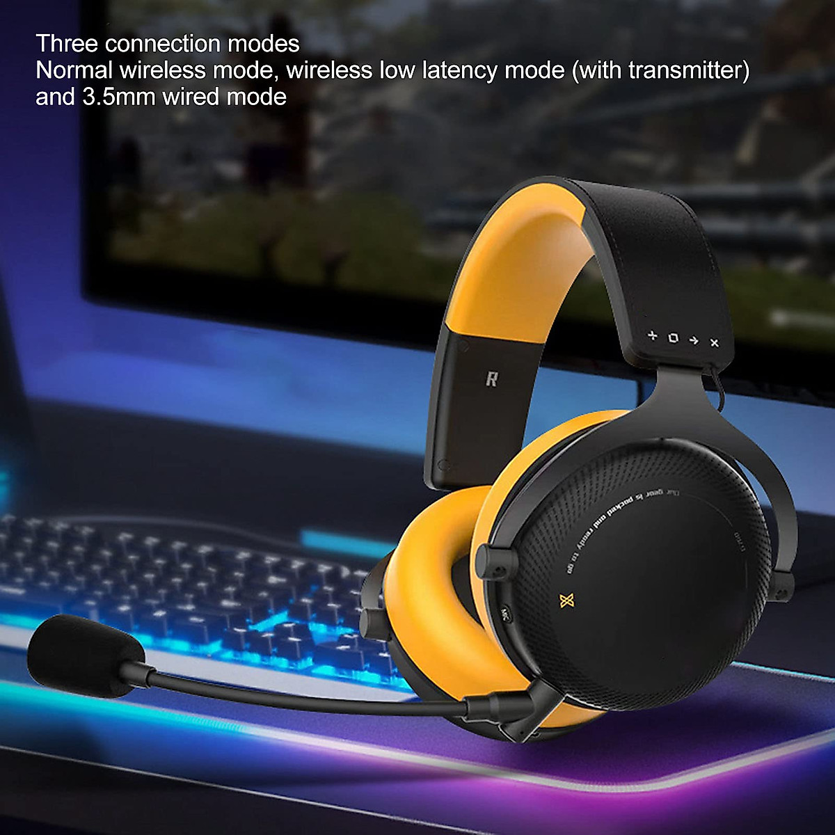 Tangxi Wireless BT Gaming Headsets with Microphone, RGB Light Stereo Gamers Headphones, Wired Over Ear Computer Headset with Mic for PC,Switch, Phone, Tablet(Yellow)