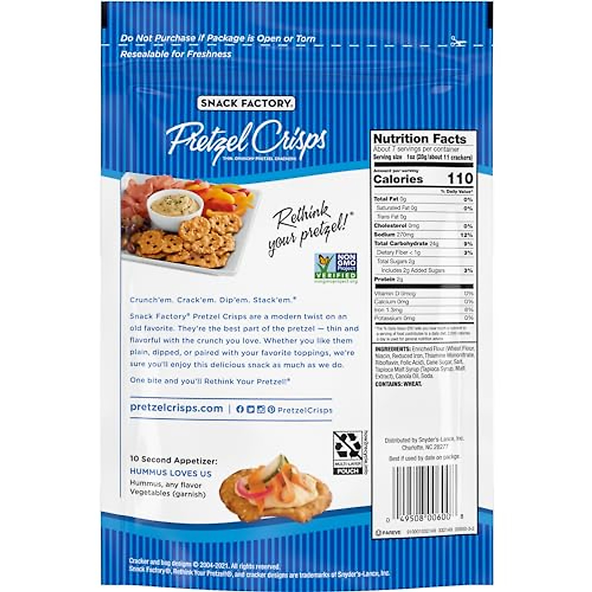 Snack Factory Original Pretzel Crisps, Non-GMO, 7.2 oz Resealable Bag