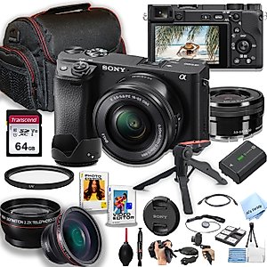 Sony a6400 Mirrorless Camera with 16-50mm Lens+ 64GB Memory, Macro + 2X Len, Case, Gripster Tripodpod, and More (28pc Bundle) (Renewed)