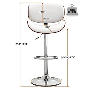 YaFiti Bar Stools Set of 2, Bentwood Adjustable Height Swivel Bar Stools, PU Leather Upholstered Bar Chair with Back and Footrest for Bar, Kitchen, Dining Room