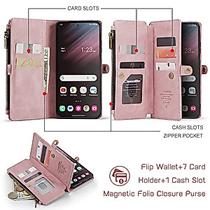 Defencase for Samsung Galaxy S23 Case, Galaxy S23 Case Wallet for Women Men with Card Holder, Durable PU Leather Magnetic Flip Strap Zipper Wallet Phone Case for Samsung S23 5G 6.1", Elegant Rose Pink