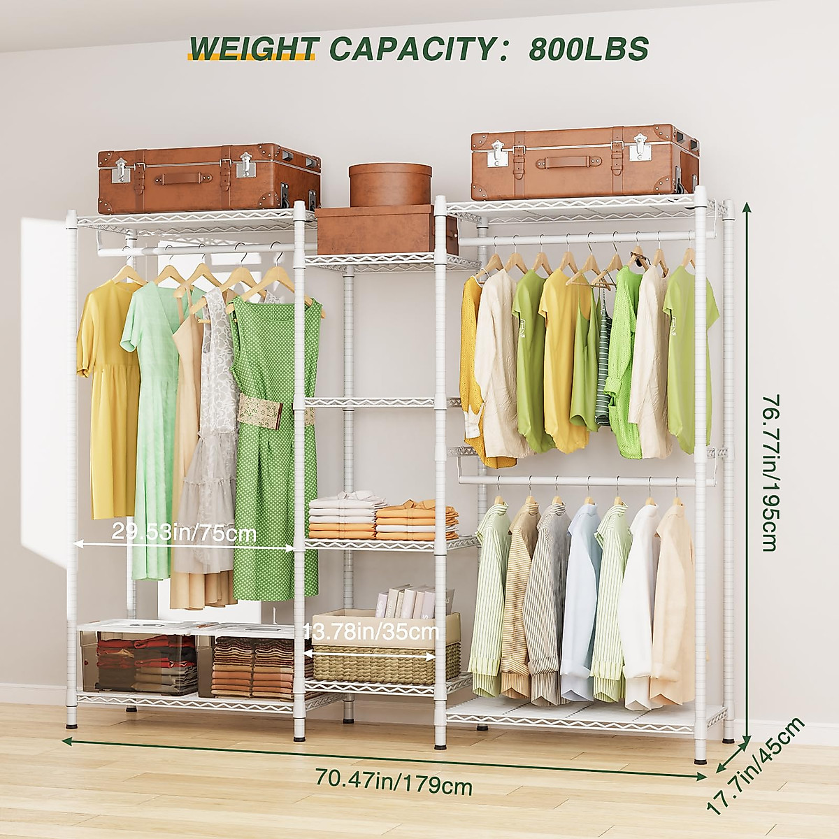 LEHOM G6 Wire Garment Rack Heavy Duty Clothes Rack Compact Large Size Armoire Storage Rack Freestanding Metal Clothing Rack Closet Wardrobe with 3 Hanger Rod and 4 Large Shelves 4 Small Shelves, White