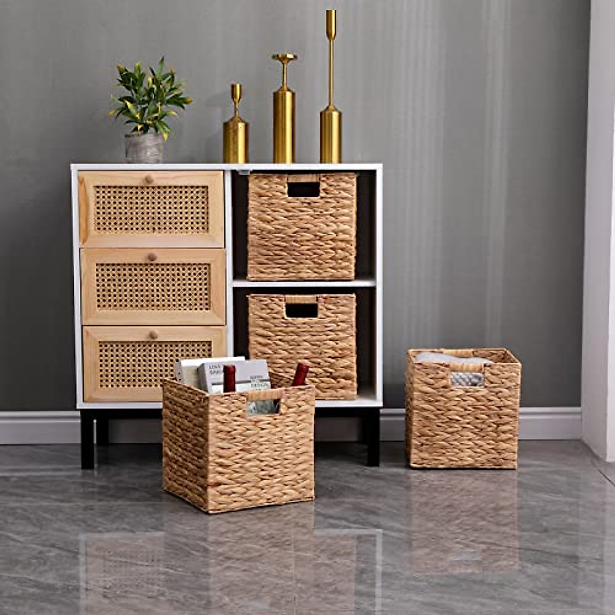 JGJCYO9 Storage Baskets Wicker Cube Baskets Rectangular Laundry Organizer,Foldable Handwoven Water Hyacinth,Set of 4 pcs Baskets for Home Office Room
