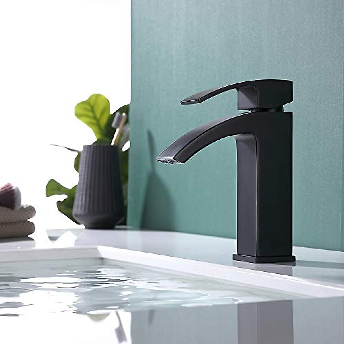 JAKARDA Single Handle Waterfall Bathroom Fuaucet with Drain Assemblely and Escutcheon, Black (Matte Black)
