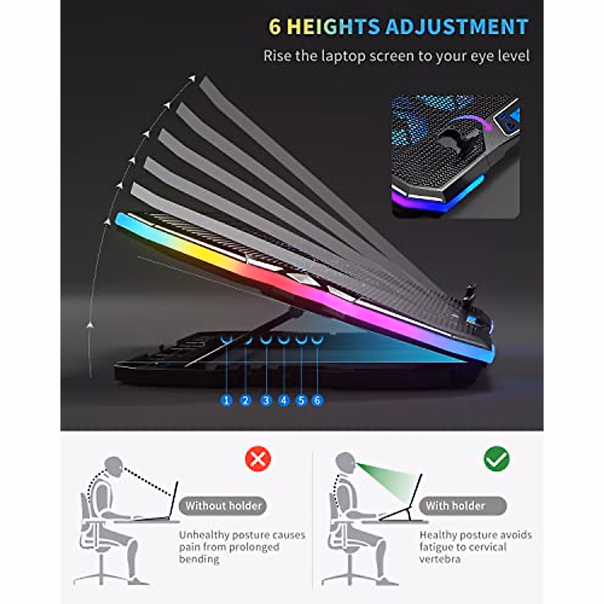 KeiBn Upgrade Laptop Cooling Pad A13,RGB Lights Laptop Cooler 6 Fans for up to 15.6 Inch Laptops,10 Modes Light, 7 Height Stands, 2 USB Ports - Blue