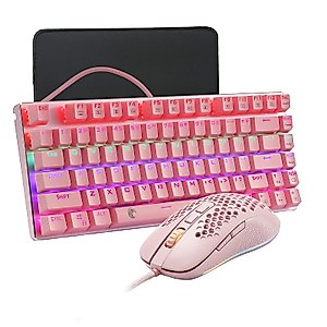 60% Mechanical Keyboard and Gaming Mouse, Mouse Pad Combo. 81 Keys Rainbow Backlit Keyboard (Blue Switch) Pink