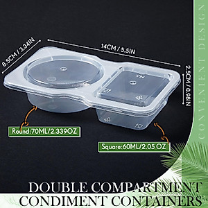 Blushtier 50 Pcs 5 oz Double Compartment Snack Containers with Lids Clear 2 Compartment Small Disposable Plastic Snack Containers for Sauce Salad Travel Sampling