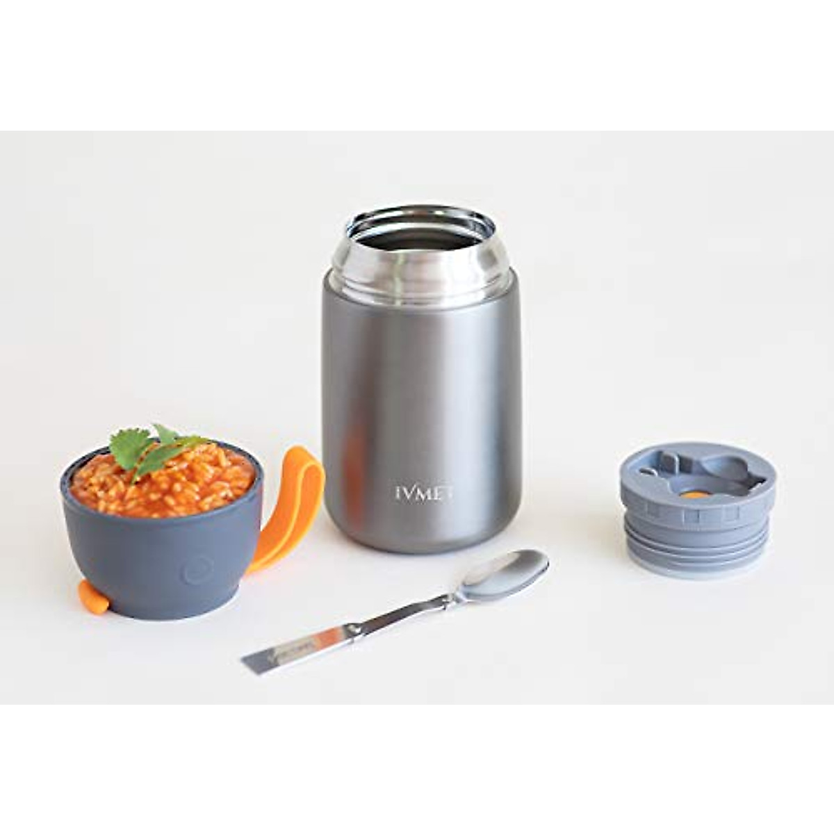 IVMET 3-Piece Lunch Bag Kit Insulated Bento Lunch Box Food Jar Vacuum Stainless Steel thermos with Spoon Leak Proof Hot Cold for Kids Adults School Office Picnic Travel Outdoors (Grey, 24 oz / 730 ml)