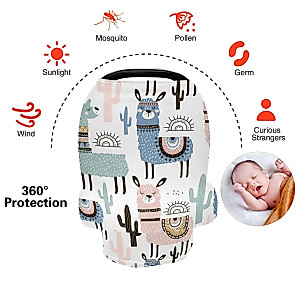 Baby Carseat Canopy Cover Breastfeeding Cover - Cartoon Cactus Llama Tribe Nursing Blanket Breathable Baby Girl Stroller Cover Baby Shower Gifts for Boy&Girl