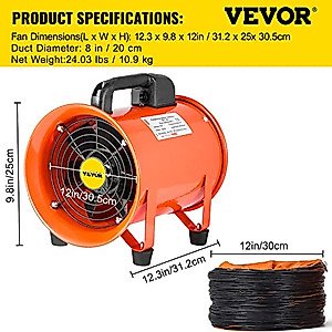OrangeA Utility Blower Fan, 8 Inches, 230W 882 CFM High Velocity Ventilator w/ 32.8 ft/10 m Duct Hose, Portable Ventilation Fan, Fume Extractor for Exhausting & Ventilating at Home and Job Site