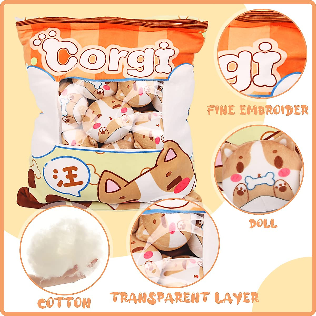 ARELUX Cute Corgi Plush Pudding Pillow:Snack Pillow Toys Bag Removable Stuffed Animal 8Pcs Sets Creative Plush,Soft Dog Puppy Plushie Throw Pillow,Dolls Friends Family Member