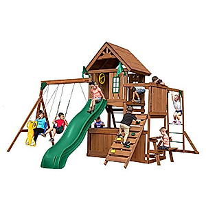 Swing-N-Slide WS 8352 Knightsbridge Ultimate Swing Set with Slide, Monkey Bars, Climbing Wall, Wood Roof, Picnic Table & Glider, Wood, Green