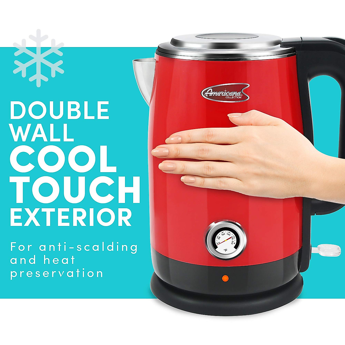 Elite Gourmet Americana EKT-1780R Retro Nostalgic Temperature Gauge Double Wall Insulated Cool Touch Electric Water Tea Kettle, BPA Free Stainless Steel Interior and Auto Shut-Off,