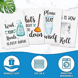 Vansolinne Funny Bathroom Hand Towels with Hanging Loop (4 Packs), 24''x18'' Absorbent Waffle Weave Towels with Humorous Words & Pattern, Cool Guest Hand Towels Funny Bath Decor Nice Bathroom Gifts
