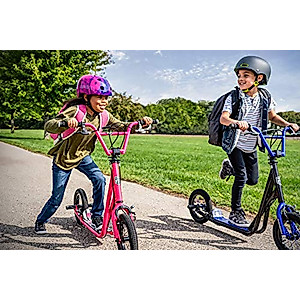 Mongoose Expo Youth Scooter, Front and Rear Caliper Brakes, Rear Axle Pegs, 12-Inch Inflatable Wheels, Black/Blue