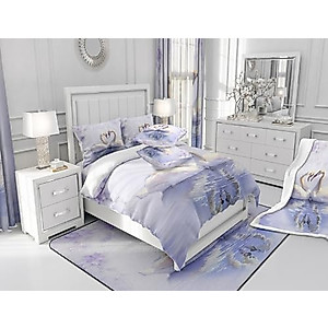 Swan Couple Bedding Set,Valentine's Day Comforter Cover Set for Teens Women Room Decor,Romantic Love Duvet Cover Breathable Purple Flowers Bedspread Cover Full Size