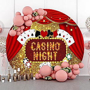 Renaiss 3x3ft Casino Night Round Backdrop Cover Las Vegas Gold Glittering Circle Photography Background Poker Dice Red Curtains Dress-Up Prom Casino Birthday Party Decors Arch Photo Booth Props