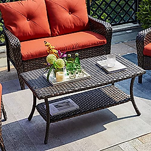 HUMMUH Wicker Patio Coffee Table,Rattan Outdoor Coffee Table with 2-Layer Storage Furniture Tables for Garden,Porch,Backyard