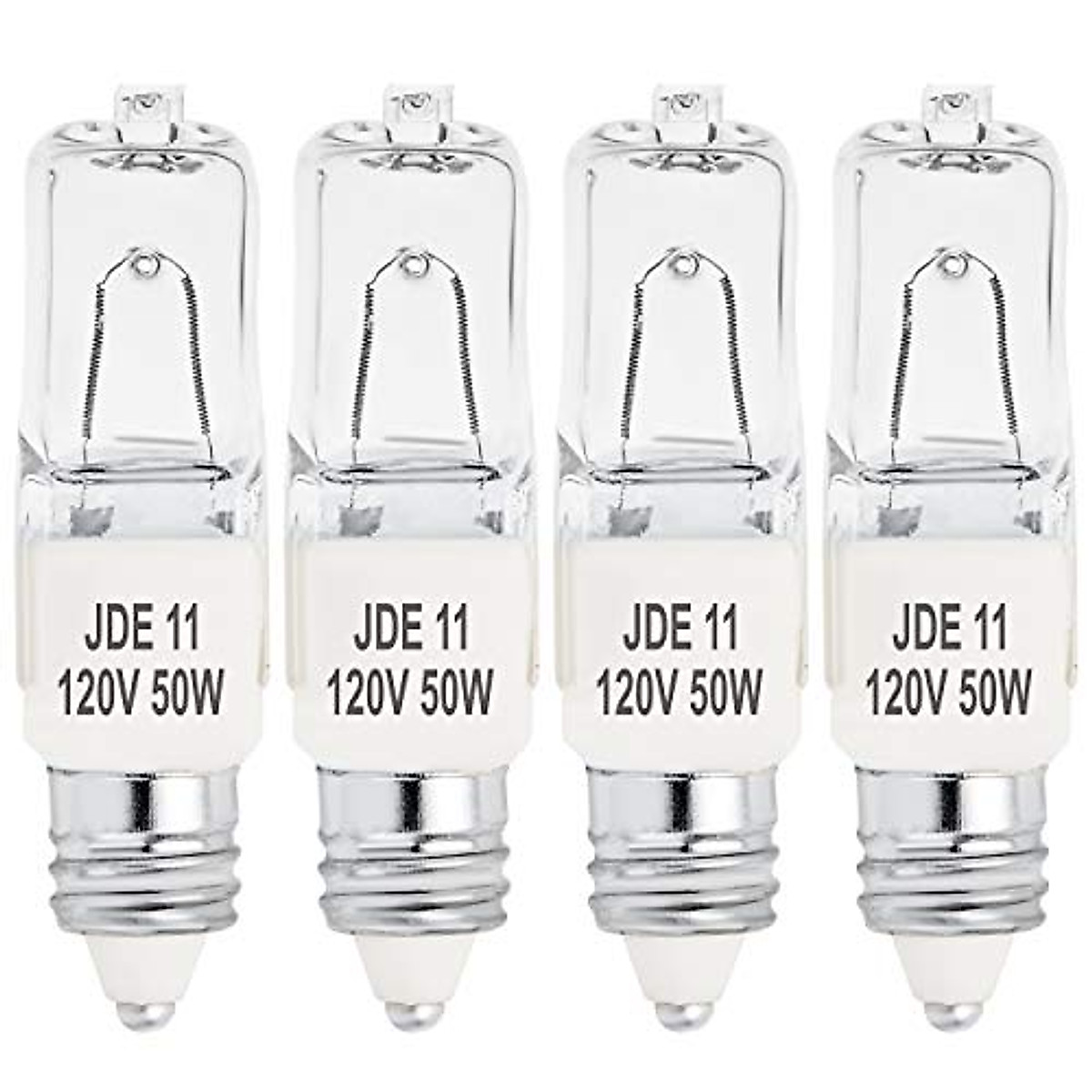 4-Pack JDE11 120V 50W Halogen JDE11 50W Bulb Warm White 50 Watt T4 E11 Bulb JDE 11 T4 50W for Chandeliers, Pendants, Table Lamps, Cabinet Lighting, Mini-Candelabra Base T4 Bulb, by BluexBulbs