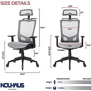 Nouhaus ErgoTASK – Ergonomic Task Chair, Computer Chair and Office Chair with Headrest. Rolling Swivel Chair with Rollerblade Wheels (Grey)