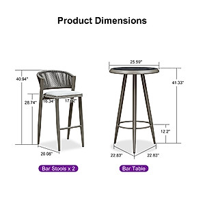 PURPLE LEAF 3 Pieces Outdoor Bar Height Table and Chairs Set Patio Bar Height Set for Balcony Porches Backyard Gray Round Patio High Bar Set