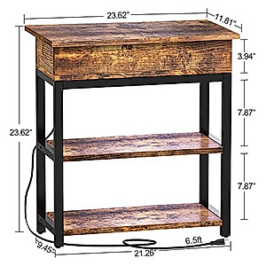 FABATO End Table with Charging Station Nightstands with Storage Shelves Flip Top&USB Ports Narrow Sofa Side Table for Small Spaces with Metal Frame Living Room Bedroom, Rustic Brown