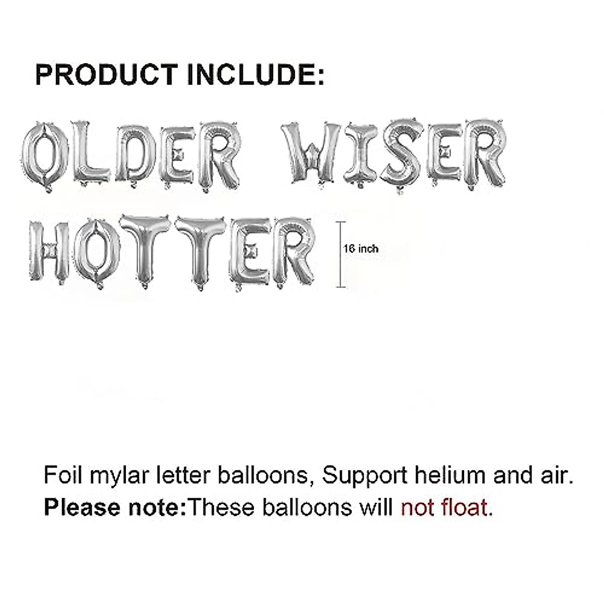 Older Wiser Hotter Balloon, Silver Birthday Decorations, Happy Birthday Banner for 30th 40th 50th 60th 70th 80th Birthday Party Supplies