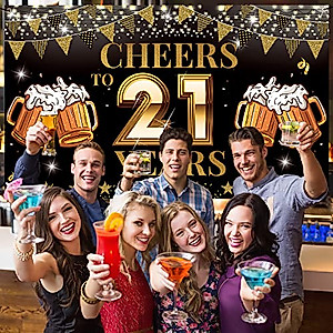 21st Birthday Decorations for Him Her, Cheers to 21 Years Birthday Backdrop Banner, Black Gold 21 Birthday Party Photo Props, 21 Birthday Yard Sign Poster Supplies for Outdoor Indoor, Fabric Vicycaty