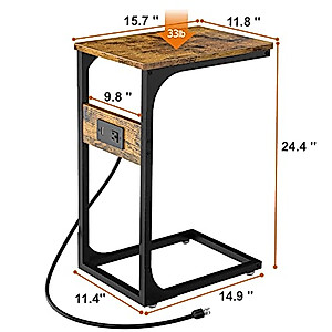 SUPERJARE C Shaped End Table with Charging Station, Bed Side Table with USB Port & Outlet, Couch Table, C Table for Living Room & Bedroom, Rustic Brown
