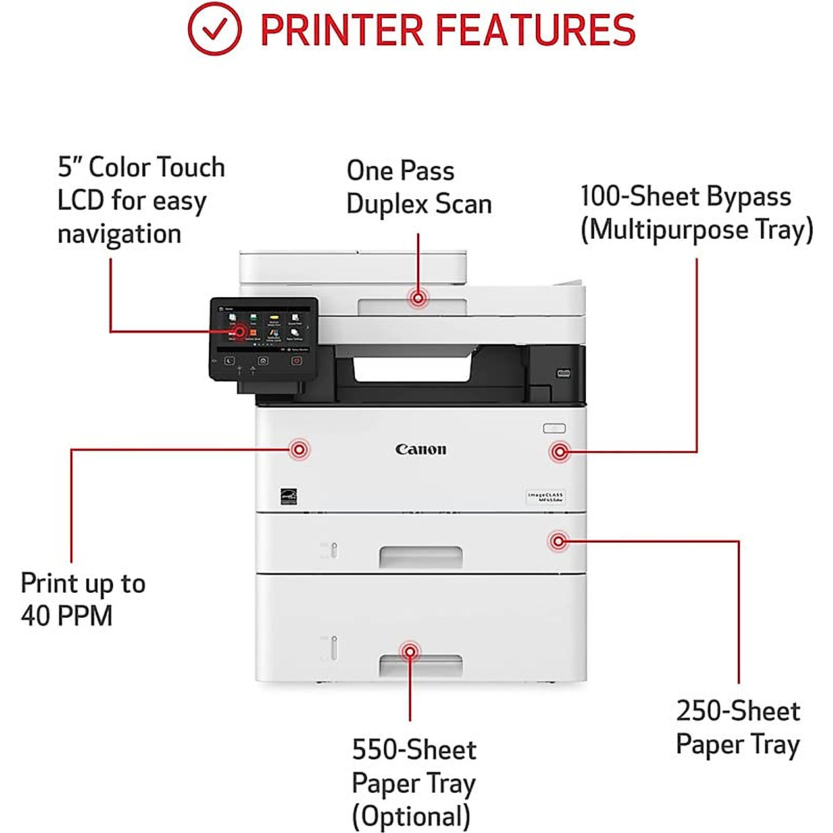 Canon imageCLASS MF453dw All-in-One Wireless Monochrome Laser Printer | Print, Copy, & Scan| | 5" Color Touch LCD | One Pass Duplex Scan