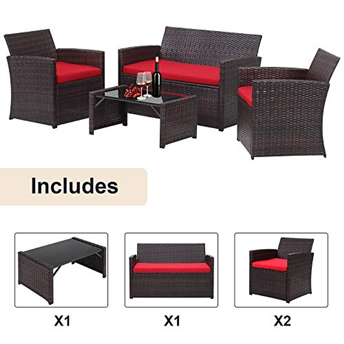 Saemoza Patio Furniture Set, 4 Piece Outdoor Wicker Rattan Patio Furniture with Tempered Glass Tabletop, Brown Wicker| Red Cushions for Outdoor Garden