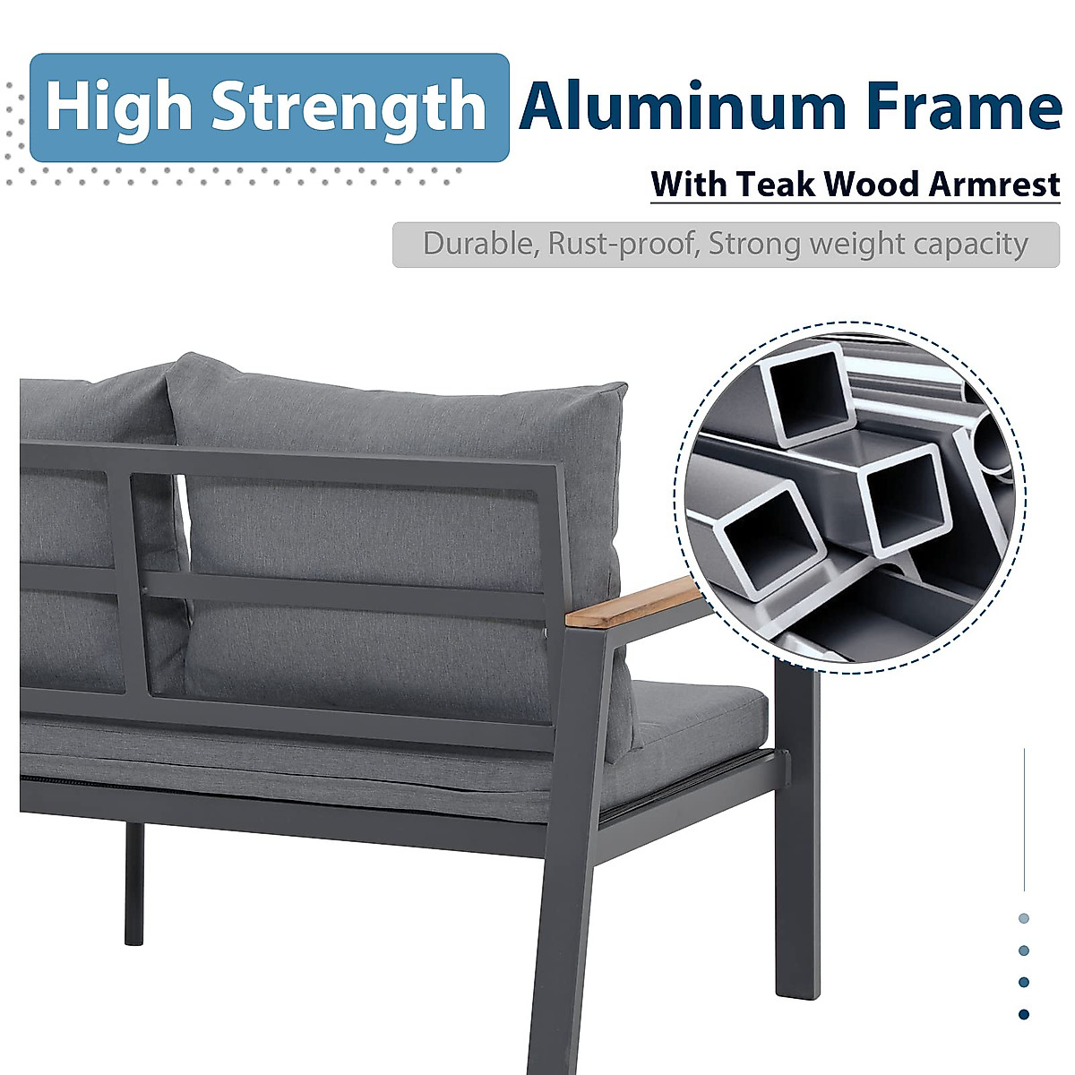 JOIVI Outdoor Couch, 3-seat Aluminum Outdoor Sofa with Teak Arms, Patio Couch with Teak Wood Armrest, High-Density Sponge, 3-Seater Aluminum Frame Couch for Outside Poolside, Lawn, Backyard, Gray