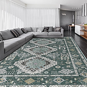 Vamcheer Washable Rugs Area Rugs - 5x7 Washable Area Rugs for Living Room Bedroom Dining Room Kitchen Non-Slip Rugs,Soft Low-Pile Indoor Machine Washable Vintage Carpet, Green