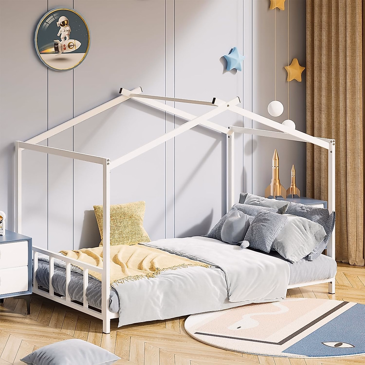 DNYN Full Size Montessori Floor Bed & House Bedframe with Roof Design for Kids Bedroom,Super Save Space & Easy Assembly & No Box Spring Needed, White