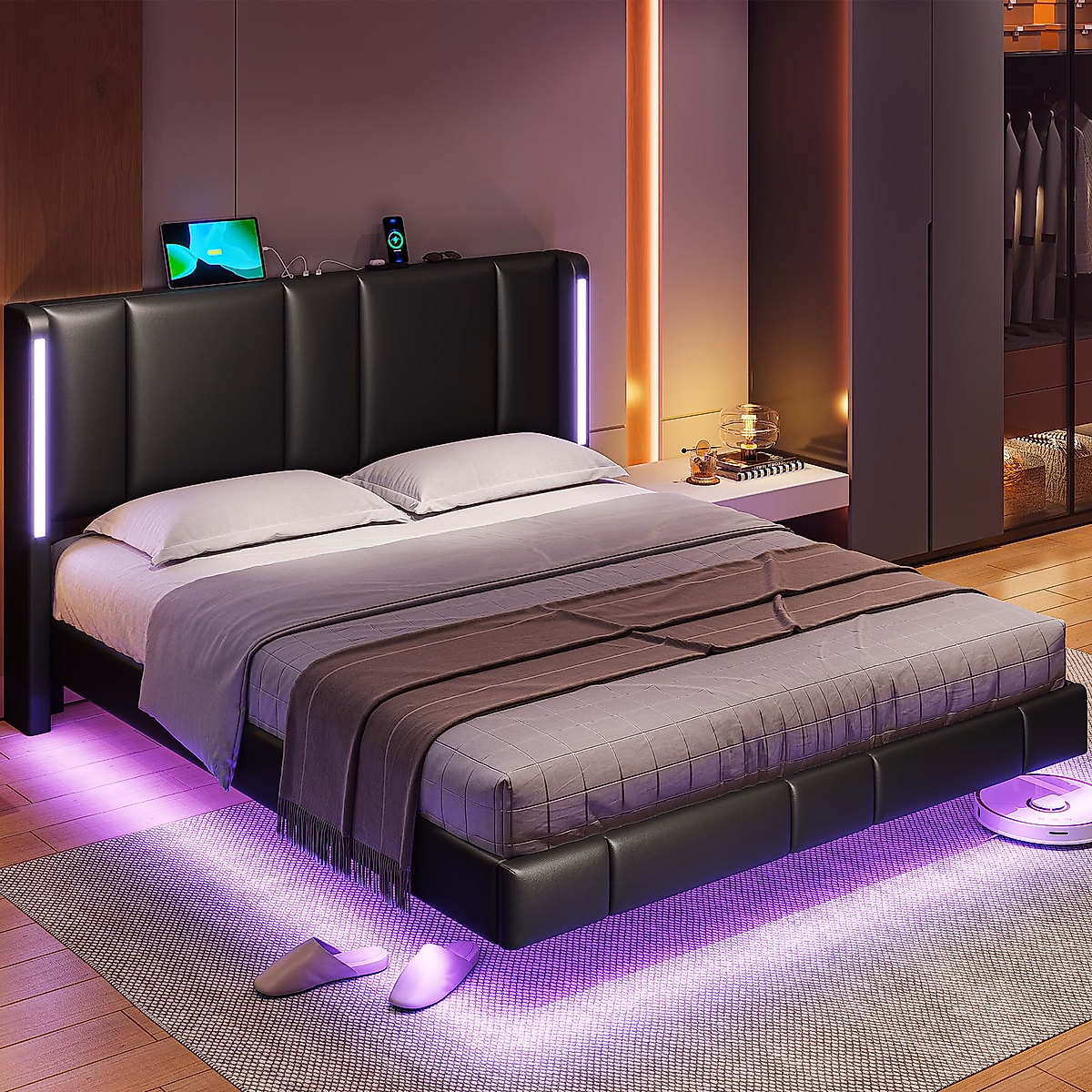 MSmask Queen Platform Bed Frame, Floating Bed with LED Lights, Faux Leather Upholstered Headboard, 2 USB Ports, Under-Bed Storage, No Box Spring Needed, Black