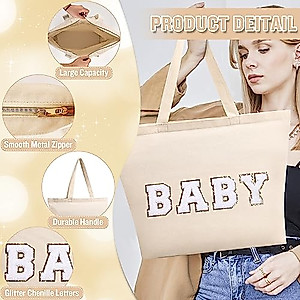 Chenille Letter Canvas Tote Baby Bag for Mom, Large Preppy Patch Shoulder Handbag with Zipper Handle, Cute Makeup Bag Portable Diaper Tote Hospital Bags Essentials for Labor and Delivery Gift(BABY)