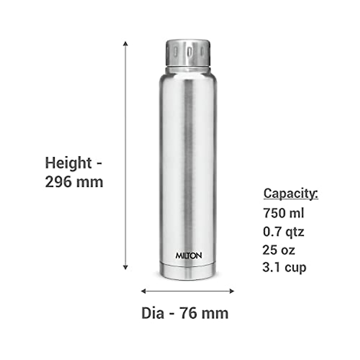 Milton Thermosteel Elfin 750, Vacuum Insulated Flask, 750 ml | 25 oz | 24 Hours Hot & Cold Water Bottle 18/8 Stainless Steel, Durable Body, BPA Free, Leak-Proof Simple Screw Lid | Silver