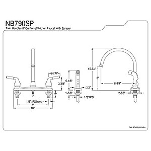 Kingston Brass NB790SP Water Onyx 8 inch Centerset Kitchen Faucet with Lever Handle and Matching Side Sprayer, Black Stainless Steel