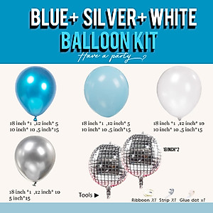 Winter Chrome Blue and silver white Balloon Garland Arch kit with Blue pearl white Disco Ball Balloons for boy baby shower Birthday 2025 Graduation Prom Party Decorations (Blue silver white)