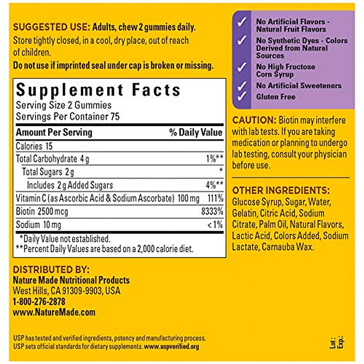 Nature Made Hair Skin and Nails with Biotin 2500 mcg, Dietary Supplement for Healthy Hair, Skin & Nails Support, 150 Gummies, 75 Day Supply