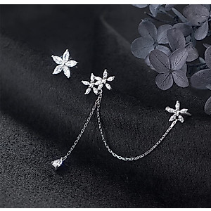 SLUYNZ 925 Sterling Silver Daisy Flowers Cuff Earrings Chain for Women Asymmetric CZ Daisy Earrings Crawler Earrings Dangling Chain (Asymmetric)