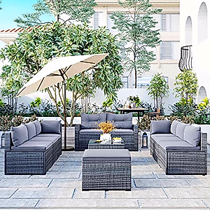Cotoala 9-Piece Outdoor Patio Large Wicker Sofa Set, PE Rattan Conversation Sectional Couch with Ottoman and Glass Coffee Table for Garden, Backyard, Porch and Poolside, Grey