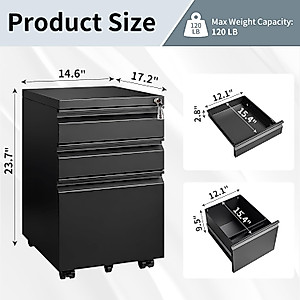 3 Drawer Mobile File Cabinet with Lock, Under Desk Metal Filing Cabinet for Legal/Letter/A4 File, Fully Assembled Except Wheels, Black