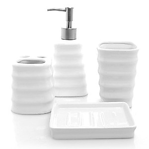 MyGift Ceramic White Bathroom Accessory Set with Ribbed Design, Includes Toothbrush Holder, Tumbler, Soap Dish and Dispenser