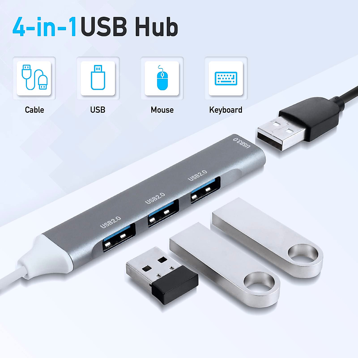 USB Hub 4-Port USB Hub Ultra-Slim Data USB Splitter Portable Aluminium Alloy Mini USB Hub Extensions Applicable for Laptop, MacBook, Mac Mini/Pro, Surface, Notebook PC, PS4, Flash Drive, Mobile HDD