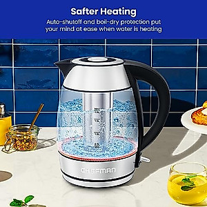Chefman Glass Electric Kettle for Boiling Water, 1.8L 1500W, with Tea Infuser, Keep Warm Function, Auto Shut Off, Boil-Dry Protection, BPA Free, Hot Water Boiler, Electric Tea Kettle - Stainless Steel