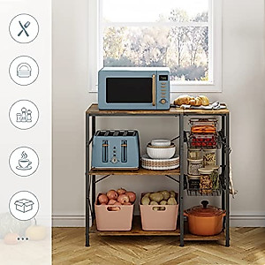 Hoctieon 3 Tier Microwave Oven Shelf, Microwave Storage Kitchen Storage Rack with 4 Hooks, Microwave Stand with 2 Slide-Out Baskets,Kitchen Baker's Rack, Microwave Oven Stand